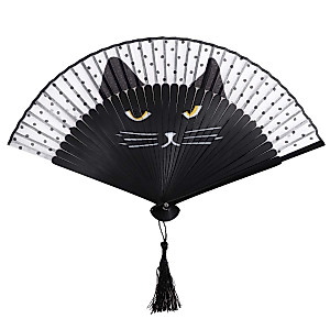 OULII Women Cartoon Cat Folding Silk Fan Handheld Fan (Black)