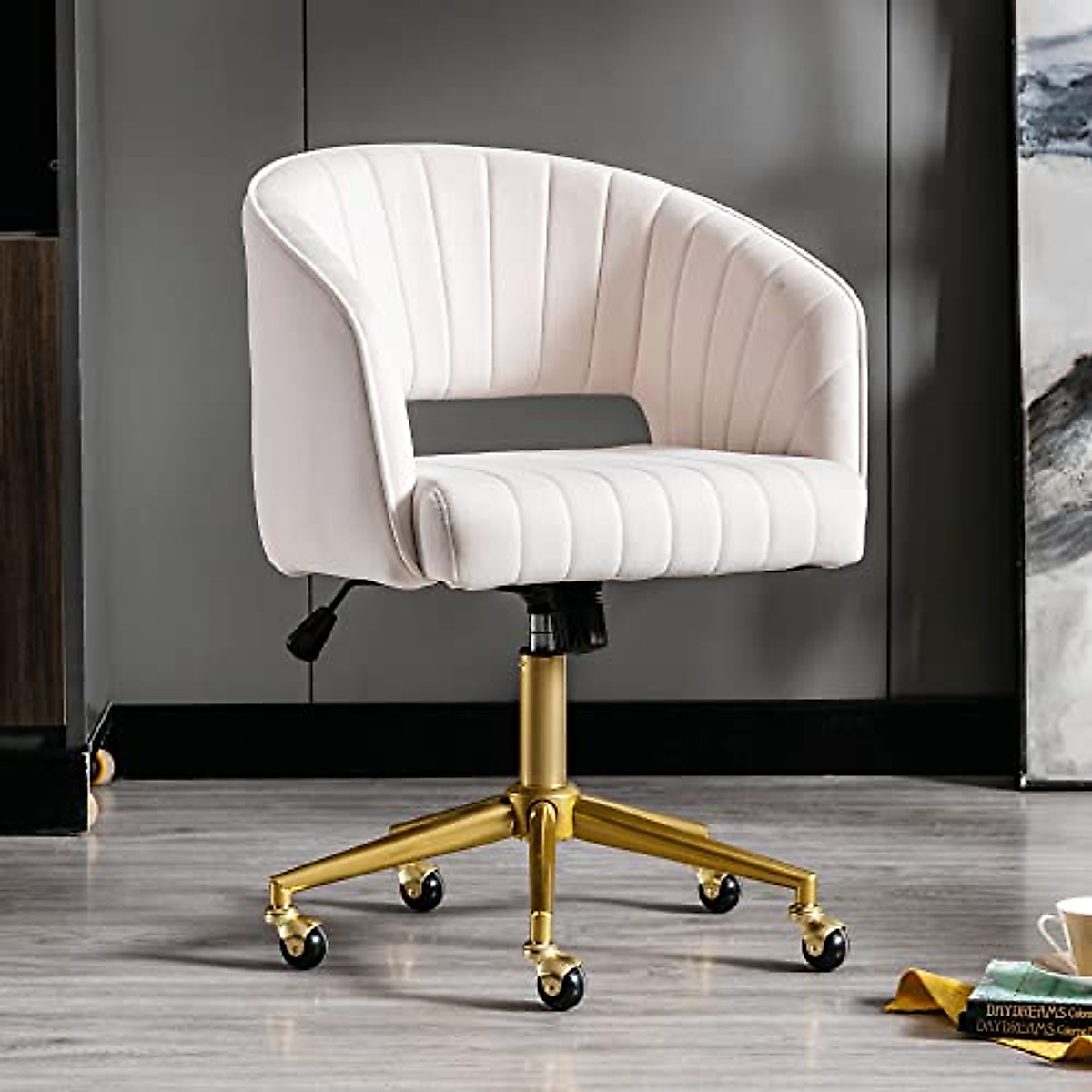 ABET Desk Chair with Wheels, Velvet Home Office Chair, Swivel Armchair with Gold Base, Upholstered Modern Accent Chairs, Back Incline Adjustable for Vanity Living Room Bedroom, Off-White Cream