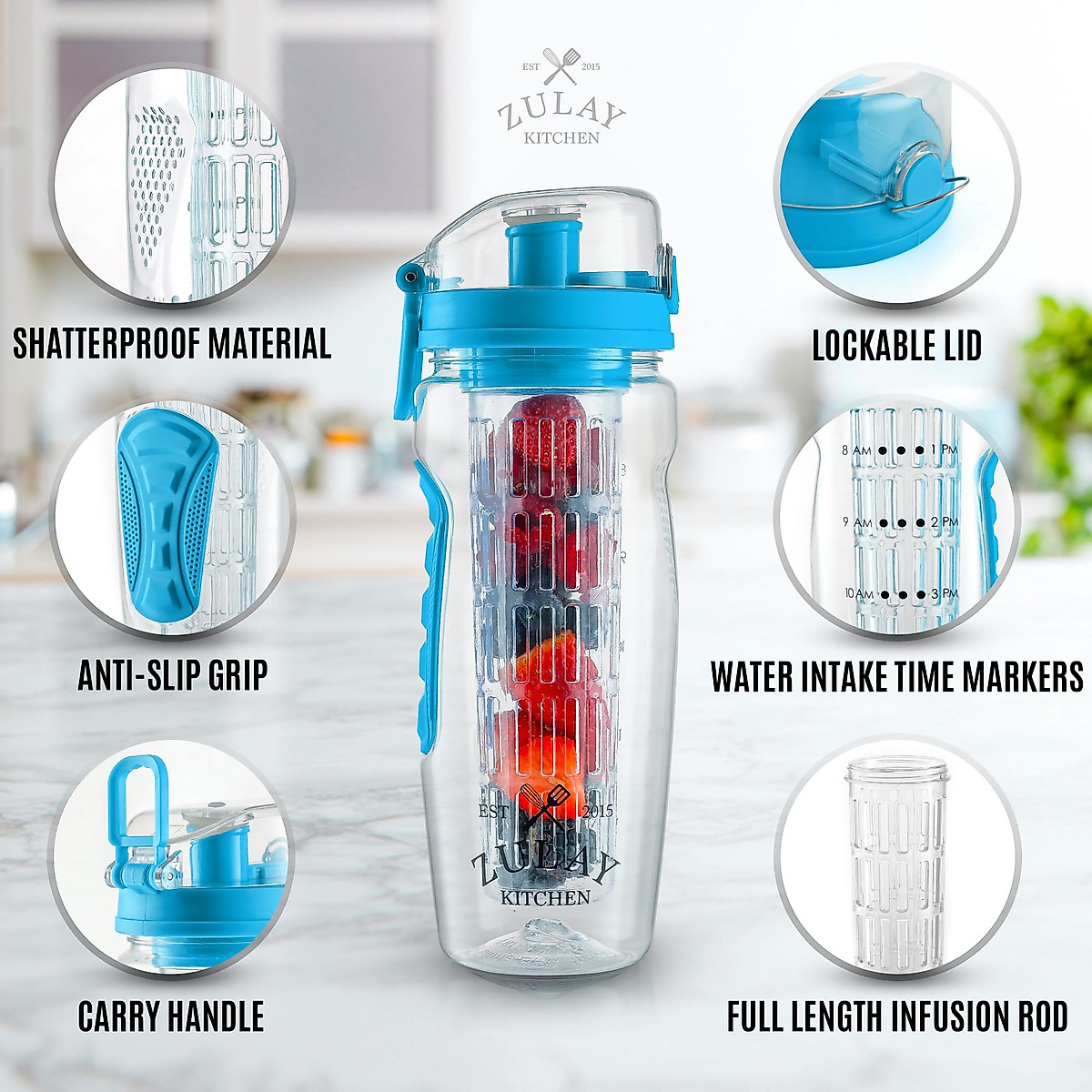 Zulay 34 oz Large, Leakproof Fruit Infuser Water Bottle with Anti-Slip Grip - Men and Women's Ideal Fitness Gift Or For Gym, Camping, and Travel - Lake Blue
