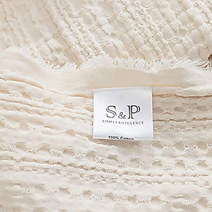 Simple&Opulence 100% Cotton Throw Blanket for Couch, Bed, Waffle Weave Cable Knit Blanket with Tassels, Soft Lightweight Pre-Washed Breathable Cozy Blanket Farmhouse Decoration for All-Season (White)