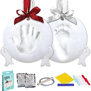 BabySquad Baby Handprint Footprint Clay Keepsake Ornament Kit (2 Pack) Non Toxic - Shatter Proof - Air Dries - Ultra Light. Includes Stencil, 2 Easels, 8 Ribbons, 2 Claypacks, Rolling Pin and More!