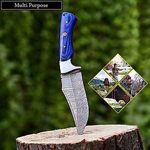 BG Knives 9.25" Overall Length Handmade Damascus Steel Hunting Fixed Blade Skinner Knife With Leather Sheath, Pakkawood Handle BG-133