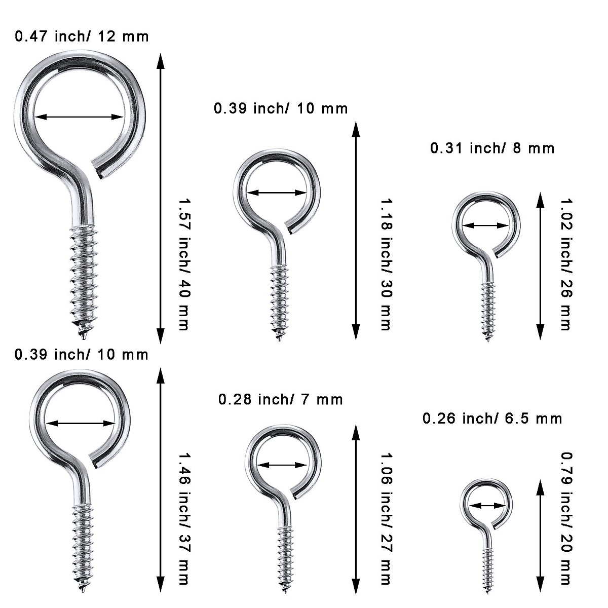 Eye Bolts Screw Eyes, Assortment Size, 100 Pieces