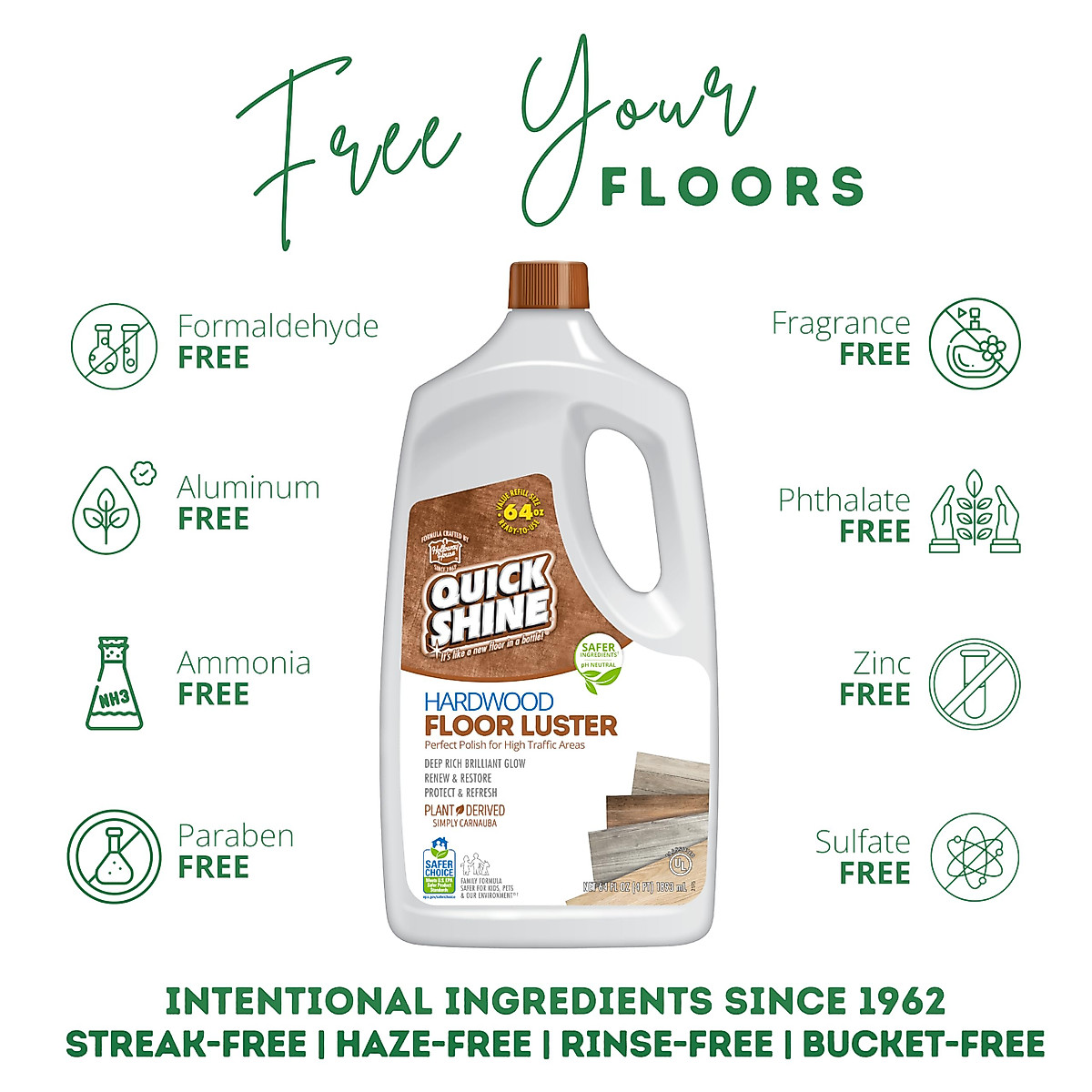Quick Shine Hardwood Floor Luster 64oz | Plant-Based Cleaner & Polish w Carnauba | Simply Squirt & Spread | Don't Refinish It, Quick Shine It | Safer Choice Cleaner | Restore-Protect-Refresh