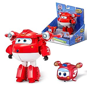 Super Wings - 5" Transforming 2-Pack Supercharged Jett & Super Pet Jett Airplane Toys | New from Season 5 | Airplane to Robot | Preschool Birthday Gifts for 3 4 5 Year Old Kids | with Light Effect