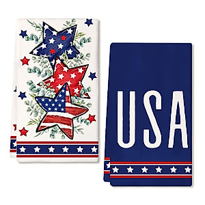 GEEORY Kitchen Towels for 4th of July Decorations Stars and Stripes USA Patriotic Dish Towels 18x26 Inch Ultra Absorbent Bar Drying Cloth Hand Towel for Kitchen Bathroom Party Home Set of 2 GD086