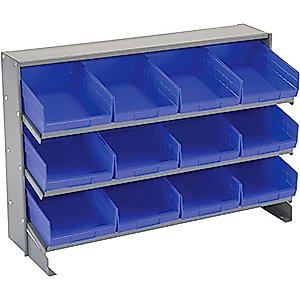 Global Industrial 3 Shelf Bench Rack, (12) 8" W Blue Bins, 33x12x21