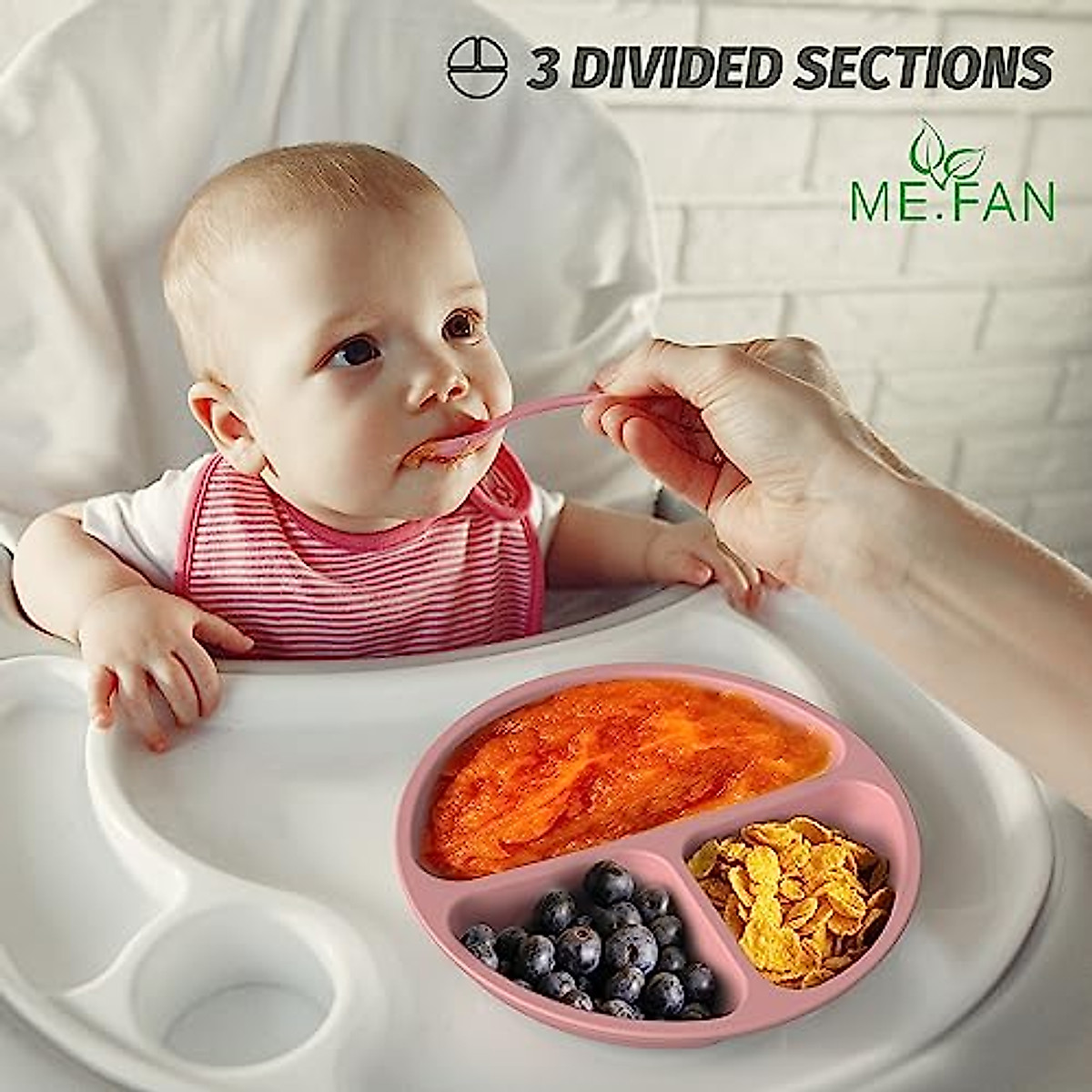 ME.FAN Suction Plates [4 Pack] Toddler Plates for Babies & Toddlers, Food Grade Silicone Baby Plates with Divided Design, Stay Put with 4 Suction Cups for Self Feeding