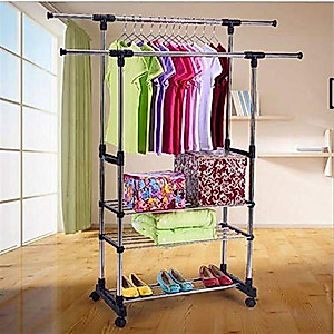 Clothes Rack,Rolling Rack for Clothes,Clothes Racks for Hanging Clothes,With Double Rods, It Can Be Retracted up and down, Left and Right, with Three Layers of Shelves