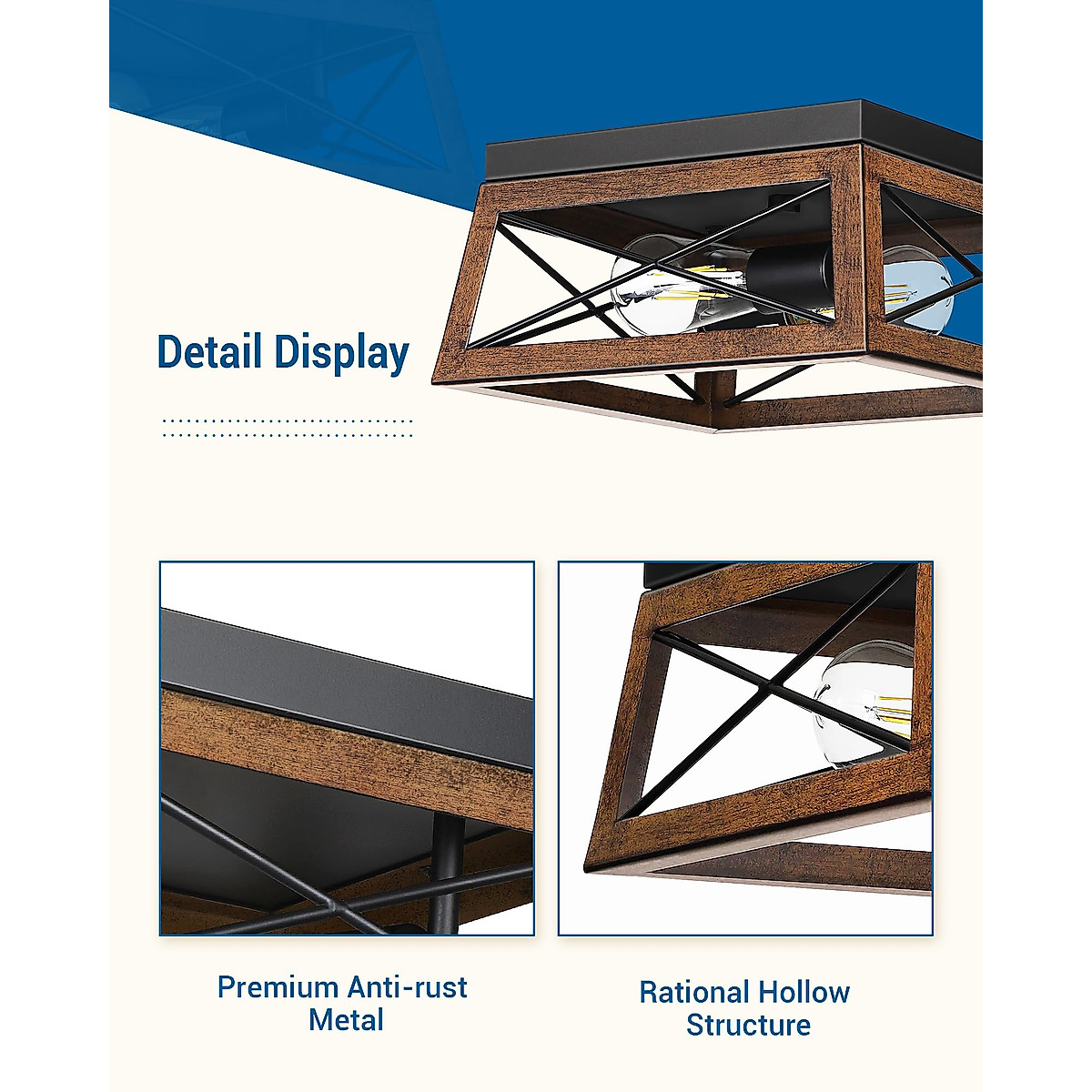 DEWENWILS Farmhouse Metal Flush Mount Light Fixture with Wood Grain Finish, 2-Light Ceiling Lamp for Kitchen, Hallway, Entryway, Foyer