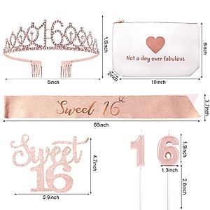 16th Birthday Decorations for Girls, Sweet 16 Birthday Sash, Tiara Crown, Canvas Makeup Bag, Cake Topper & Candles, 16th Birthday Gifts for Her Birthday Party