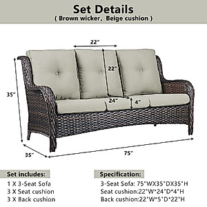 Belord Outdoor Furniture 3-Seater Rattan Sofa Patio Wicker Sofa Couch Furniture Set with Washable Cushions