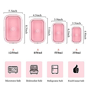 Keweis Silicone Food Storage Containers with Lids, Collapsible Silicone Lunch Box Bento Boxes, Meal Prep Container for Kitchen, BPA Free, Microwave Freezer and Dishwasher Safe, Set of 4 - Square Pink