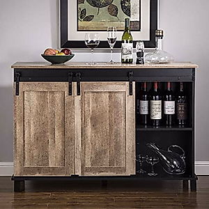 glitzhome Rustic Wine Cabinet with Storage 3-Sections Wood Bar Cabinet with Wine Storage Home Bar Liquor Alcohol Corner Cabinet with Barn Doors Wine Display Sideboard for Kitchen Dining Room, 47.2”L