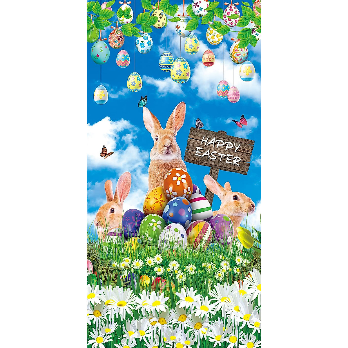 2023 Happy Easter Eggs Bunny Door Banner 3x6ft Spring Sky Grassland Flower Door Cover Banner Child Baby Shower Party Outdoor Yard Porch Sign Decoration