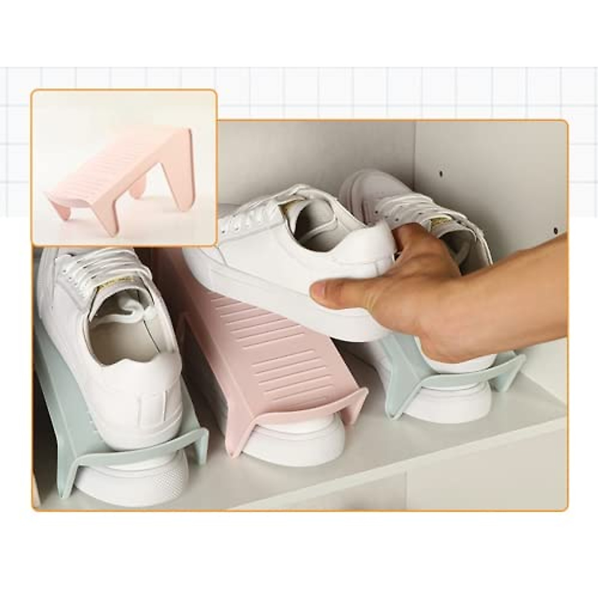 JTJMJTJ 6 Pack 12 Pack Shoe Stage, Shoe Slots Organizer, Double Layer Stack Shoe Rack, 50% Space-Saving Storage Rack Holder, Shoe Holder (Blue,Small(12 Pack))