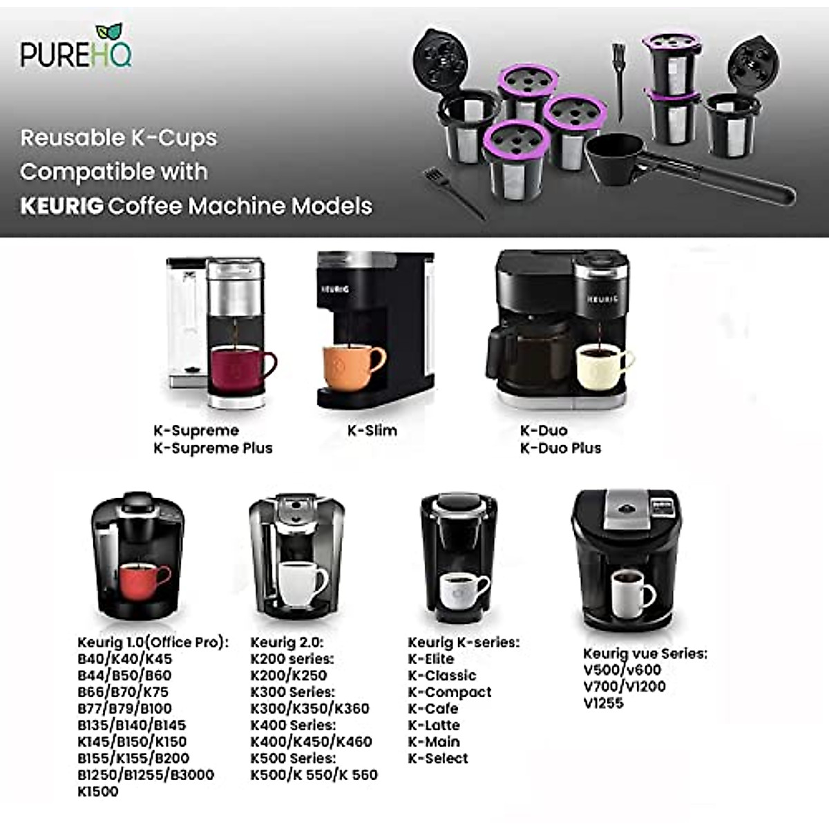 4 Reusable K Cups for Keurig Supreme, K Supreme Plus, K Slim, Keurig Classic by PureHQ - Refillable Kcup for Keurig Supreme Coffee Maker - MultiStream Coffee Pods Filter