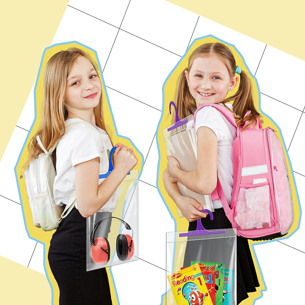 24 Pack Hanging Storage Bags, Headphone Storage Bags, Colorful Large Hook 10 x 12.5-inch Clear Plastic Bags for Classroom, Library, and Pharmacy Use