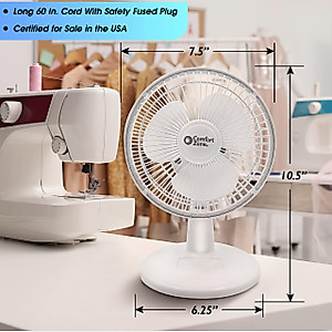 Comfort Zone CZ6D 6" Quiet Portable Indoor 2-Speed Desk Fan with Clip and Fully Adjustable Tilt, White