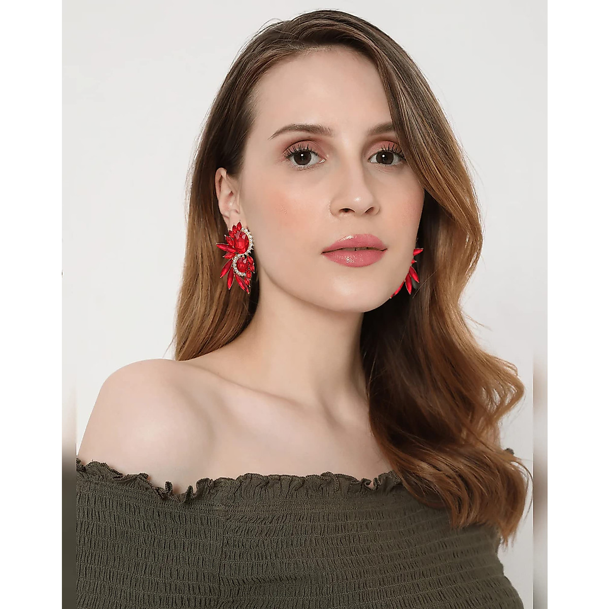 Canboer Vintage Red Rhinestone Statement Earrings Retro Fancy Crystal Cluster Drop Dangle Earrings for Women Prom