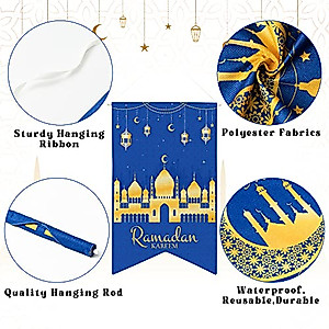CNhoqc Ramadan Kareem Hanging Banner Welcome Door Sign Eid al-Fitr Moon Stars and Lamps Double-Sided Decorative Flag Islamic Mubarak Banner for Indoor Outdoor Eid Mubarak Party Supplies