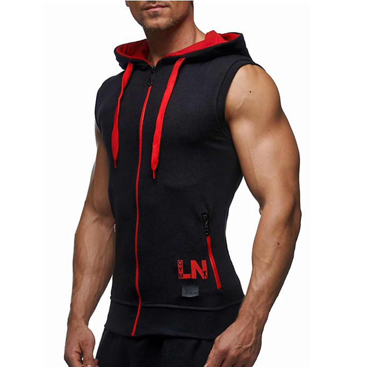 LemonGirl Men's Bodybuilding Sleeveless Hoodie Gym Tank Top BlackRed