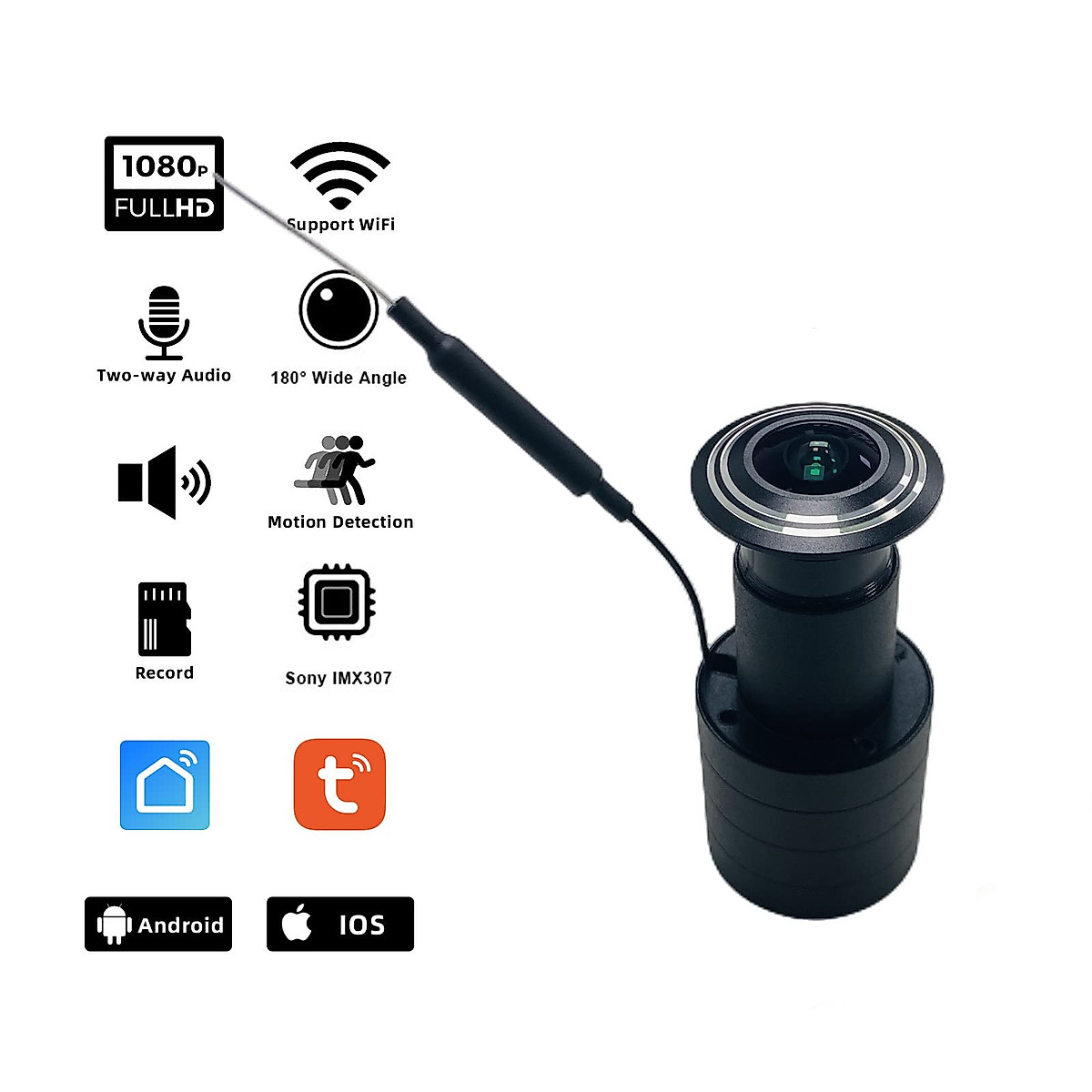 Kasfye Door Peephole Camera,HD 1080P Door Eye Hole IP Camera with 1.78mm Fisheye Lens 180 Degrees Wide Angle Tuya Smart APP Home Security USB Cameras-DC 5V