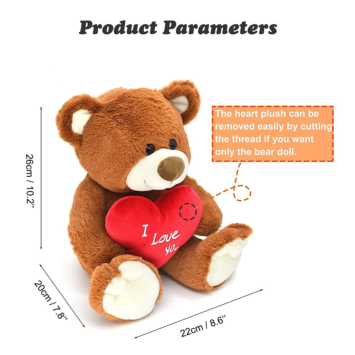 I Love You! 10'' Teddy Bear with Red Heart, Soft Plush Bear Doll Stuffed Animal Toys Valentines Day Decor Gifts for Her/Girlfriend Lover Mom Kids (Brown)