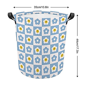 17.3 Inches Laundry Basket, Waterproof Collapsible Storage Basket, Round Dirty Clothes Hamper with Handles for Bedroom Room Toy Storage (Checkered Groovy Smiling Flowers)