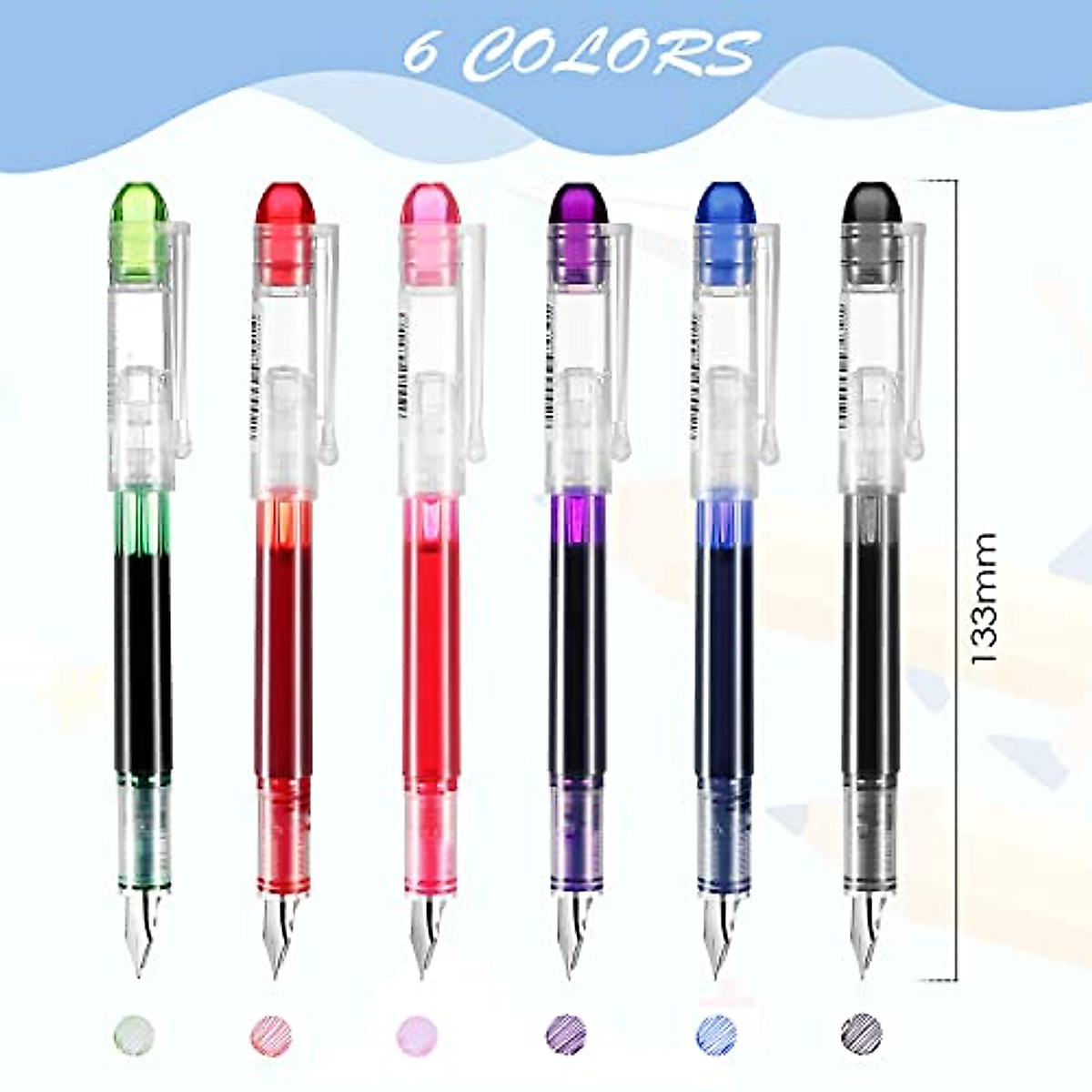 Colorful Disposable Fountain Pens Set - 6 Assorted Colors