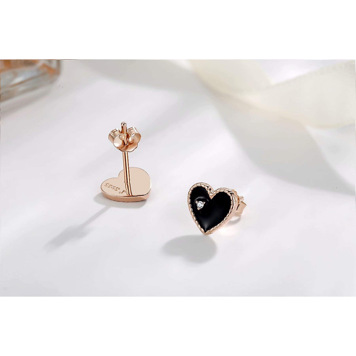 Qings Rose Gold Black Heart Stud Earrings 925 Sterling Silver Exquisite Sparkling Star Cubic Zircon as Birthday Gift for Women