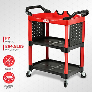DNA MOTORING 3-Level Heavy Duty Composite Workshop Trolley 120 kg / 260 Lbs Capacity Cart Side Portable On Wheels w/Pegboard for Garage Warehouse Workshop Use, Black/Red, TOOLS-00429