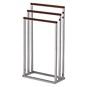 Pilaster Designs Preston Chrome Metal and Walnut Wood Transitional 3 Tier Freestanding Bathroom Towel Rack Organizer
