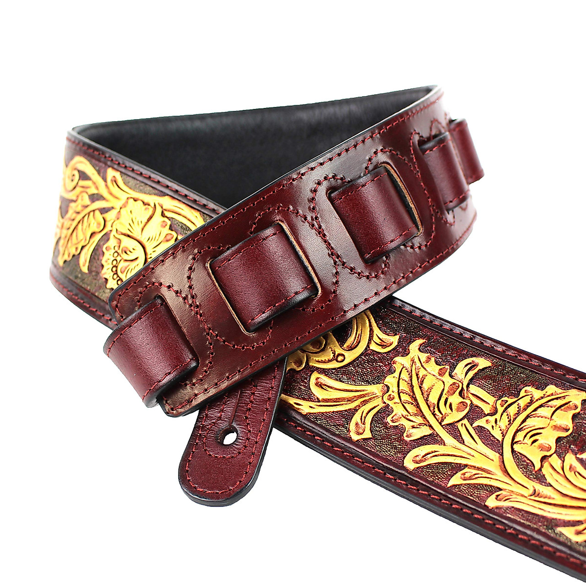 Walker And Williams LHR-37 Handmade Blood Red Premium Carving Leather Guitar Strap With Bright Gold Western Sheridan Carving Pattern And Padded Leather Back For Acoustic, Electric, And Bass Guitars