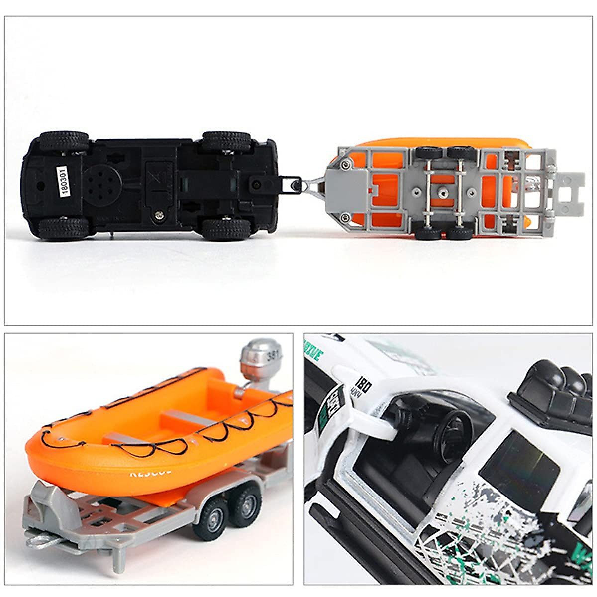 Pickup Truck Trailer Towing Speed Boat 2 in 1 Playset Diecast Model Car Metal Pull Back Toy Cars 1/36 SUV Vehicle Outdoor Sandbox Adventure Play Set Doors Open Light Sound Boys Toys Kids Gifts