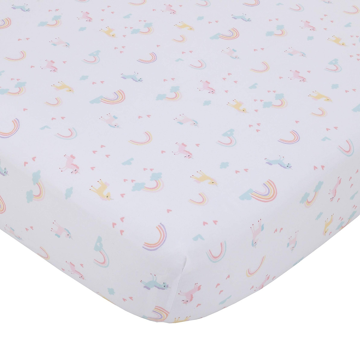 Little Love by NoJo Rainbow Unicorn Pink, Aqua, Yellow and White 3 Piece Mini Crib Bedding Set - Comforter and 2 Fitted Mini Crib Sheets