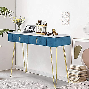 Joveco 39’’ Vanity Table with 2 Drawers- Modern Makeup Vanity Desk- Dressing Table Small Desks for Bedrooms- Home Office Computer Desk- White Marble Wood Veneer/Gold Metal Legs/Blue Soft Microfiber
