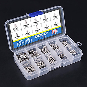 Glarks 200-Piece M3 4 5 6 8 Hex Allen Head Socket Set Screw Assortment Kit (304 Stainless Steel)