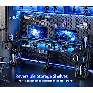 Korfile Reversible Gaming Desk with Power Outlet & LED Lights, Corner Computer Desk with 3 Tiers Storage Shelves, Home Office Desk with Monitor Stand for Small Space, 47 Inch Carbon Fiber Black