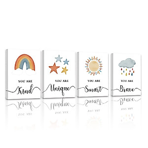 PHOPAGO Girls Room Decor Colorful Framed Wall Art - Inspirational Wall Decor for Baby Nursery Playroom Bedroom Rainbow Decor Set of 4, 8x10 inch (WOODEN FRAMED), pink boho