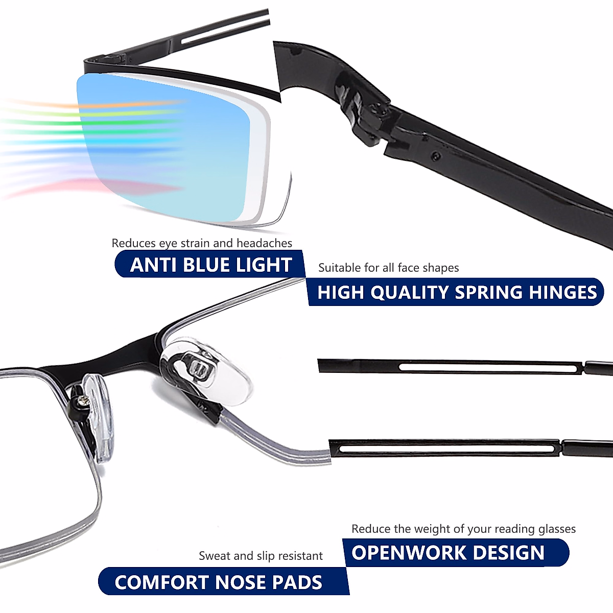 LOUOL Reading Glasses for Men, Blue Light Blocking Readers, Half Frame Metal Readers Spring Hinge Lightweight, 3-Pack +1.75 Strength