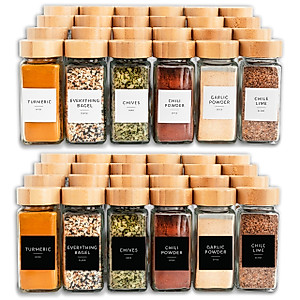 Glass Spice Jars with Label, 24PK Bamboo Spice Jar Set 4oz Seasoning Containers with Labels, Pepper Grinder, 374 Spice Labels, Spice Bottles Funnel, Empty Spice Jars and Shaker Lids Spice Containers
