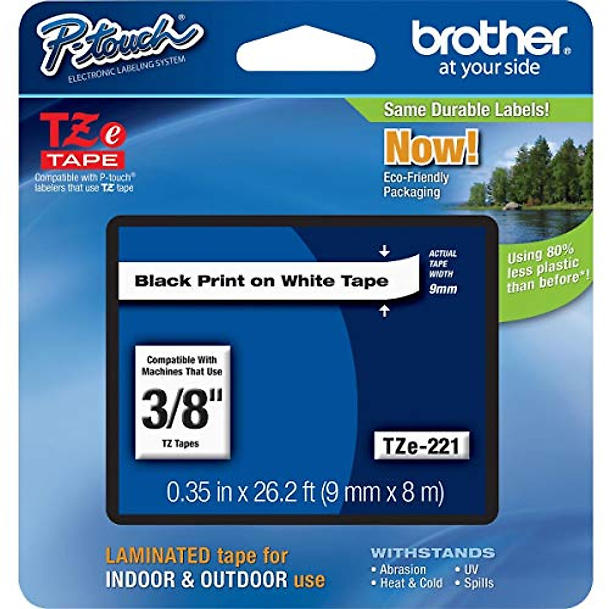 Brother Mobile TZE221 P-Touch Standard Laminated Tape, 3/8" W x 26.2' L, Black on White
