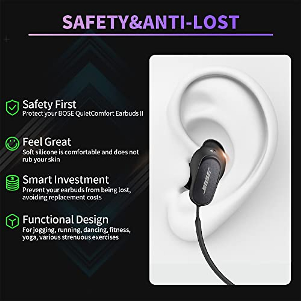 WOFRO Anti-Lost Strap for Bose QuietComfort Earbuds II, Sports Soft Silicone Lanyard Accessories Compatible with New Bose QuietComfort Earbuds 2 Neck Rope Cord (Black)