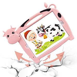 Kids Case for New iPad 9th/8th/7th Generation, iPad 10.2 2021 2020 2019 Case, CHIN FAI Cute Cow Slim Lightweight Shockproof Silicone Handle Stand Protective Cover for iPad 10.2/10.5 Inch (Pink)