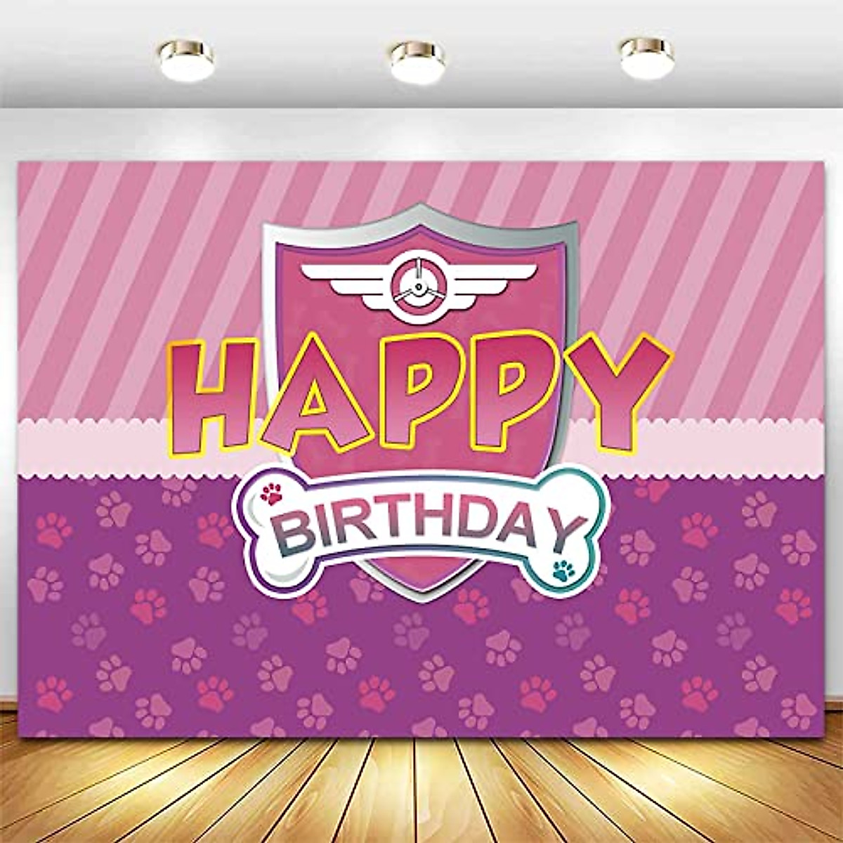 7x5ft Pink Skye Dog Patrol Birthday Backdrop Paw Print Happy Birthday Banner Decorations Background for Girls Puppy Dog Birthday Party Supplies