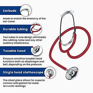 Dixie EMS Single Head Lightweight Stethoscope, Latex Free, for Doctors, Nurses, Students, Medical and Home Use - Red