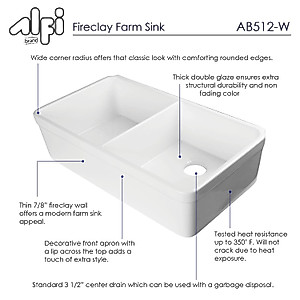 ALFI brand AB512 32-Inch Double Bowl Fireclay Farmhouse Kitchen Sink with 1 3/4-Inch Lip, White