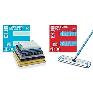E-Cloth 8pc Home Cleaning Set, Contains Multiple Microfiber Cleaning Cloths & Deep Clean Mop, Microfiber Mop, Perfect Floor Cleaner for Hardwood, Laminate, Tile and Stone Flooring, 100 Wash Promise