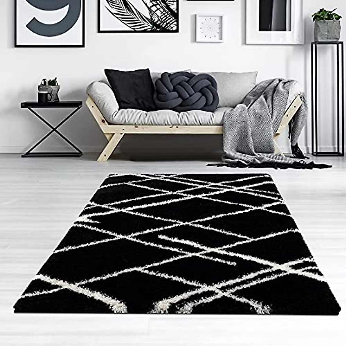 L'Baiet Allison Black White Geometric Diamond Pattern Modern Soft Shag Indoor 8' x 10' Area Rug